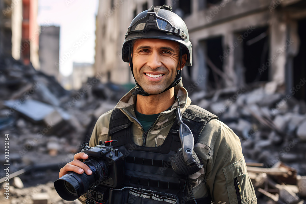 Portrait of man war journalist in bulletproof vest and helmet standing ...