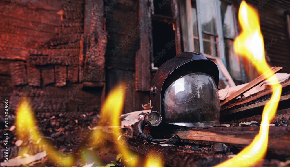 Concept firefighter died while on duty in fire. Helmet against ...