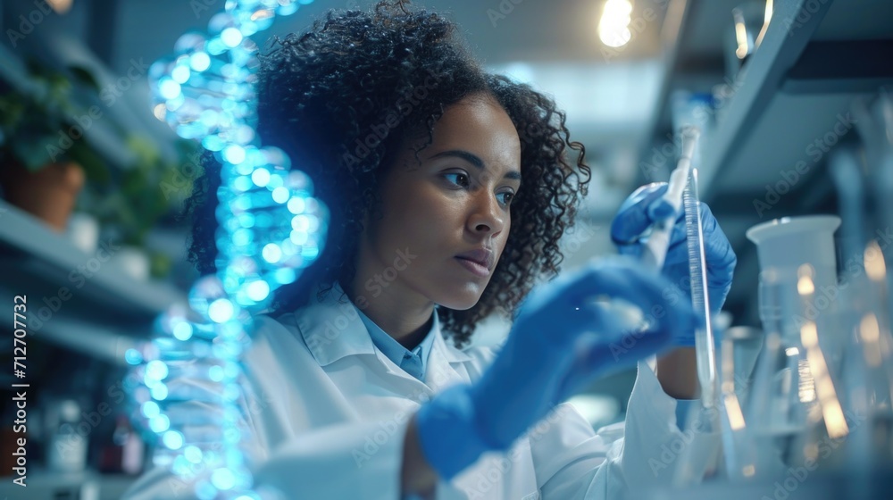 African-American lab technician wearing a medical scrubs and cap in a ...