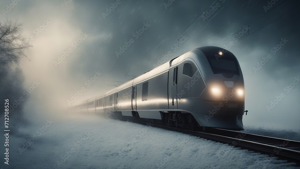 train in the fog High speed train traveling in lightning dust ...