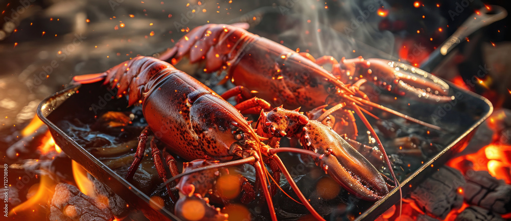 Live lobsters facing the fiery embrace of a grill, a primal scene of ...