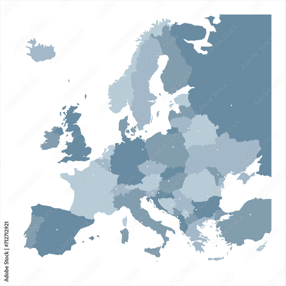 Political map of Europe. Blue colored blank vector map with capital ...
