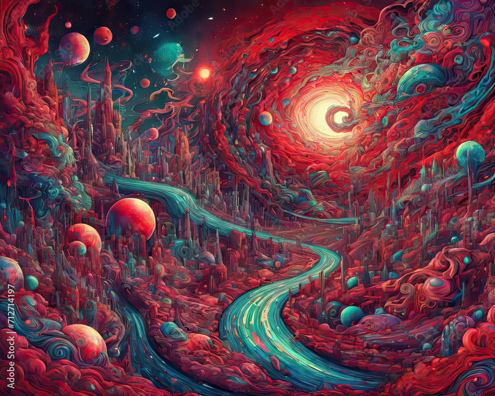 Psychedelic Chaos - Enigmatic glitchy surrealism with cosmic elements and sinister red accents ...