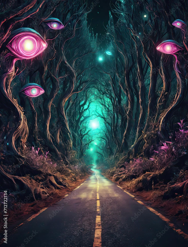 Psychedelic Forest - A surreal illustration of a twisted forest with ...