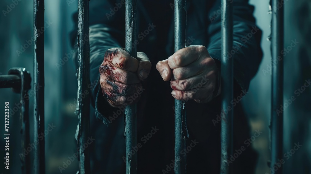 Imprisoned man with wounds on arms standing near bars, incarceration ...
