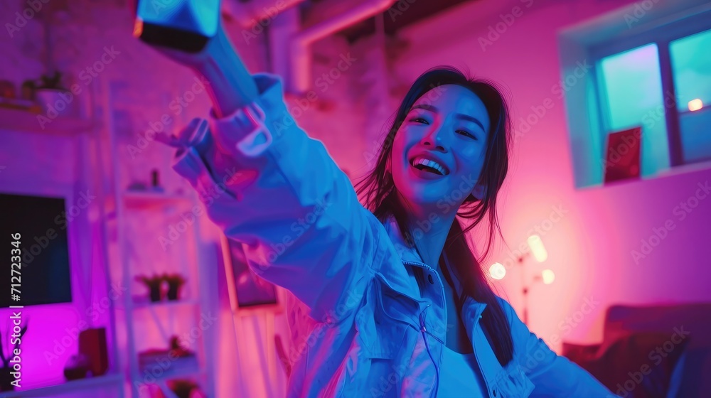 Young trendy influencer asian woman dancing on mobile phone at home in ...