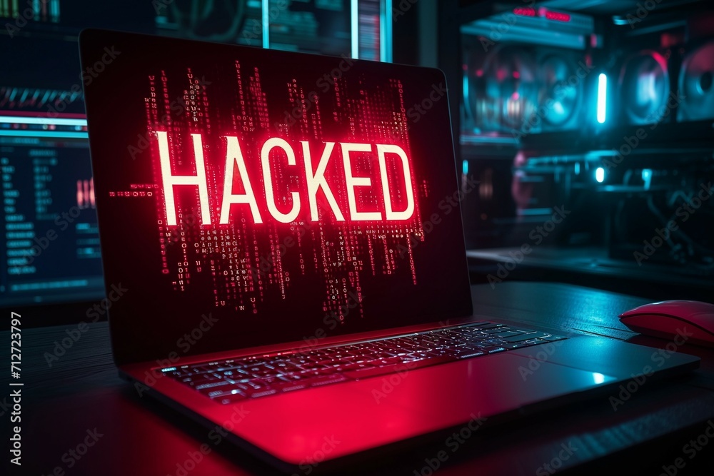 laptop within a server room, its screen displaying ominous red letters spelling "HACKED ...