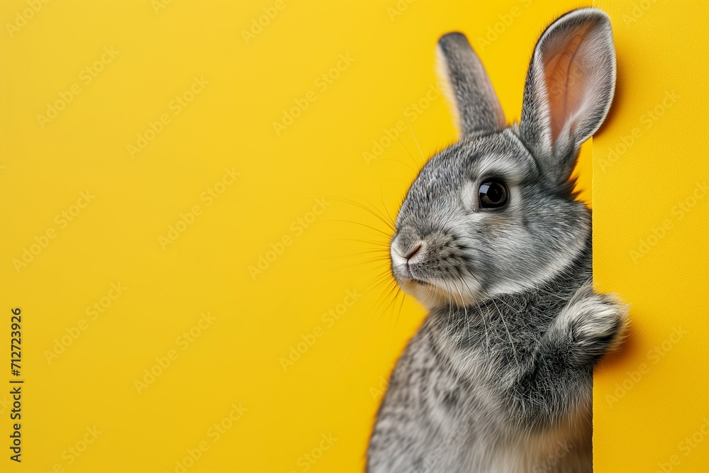 a curious rabbit playfully peeks from behind a vertical surface ...