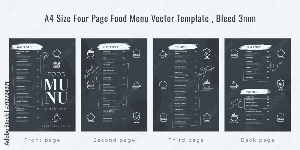 Restaurant cafe menu, template design, A4 size four page food menu ...