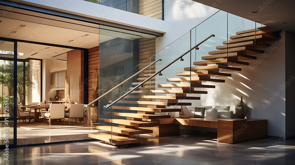 A floating staircase with open risers and a sculptural metal railing ...