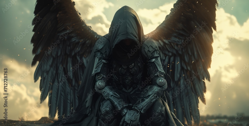 A cinematic photography of a fierce hooded fallen angel, black ...