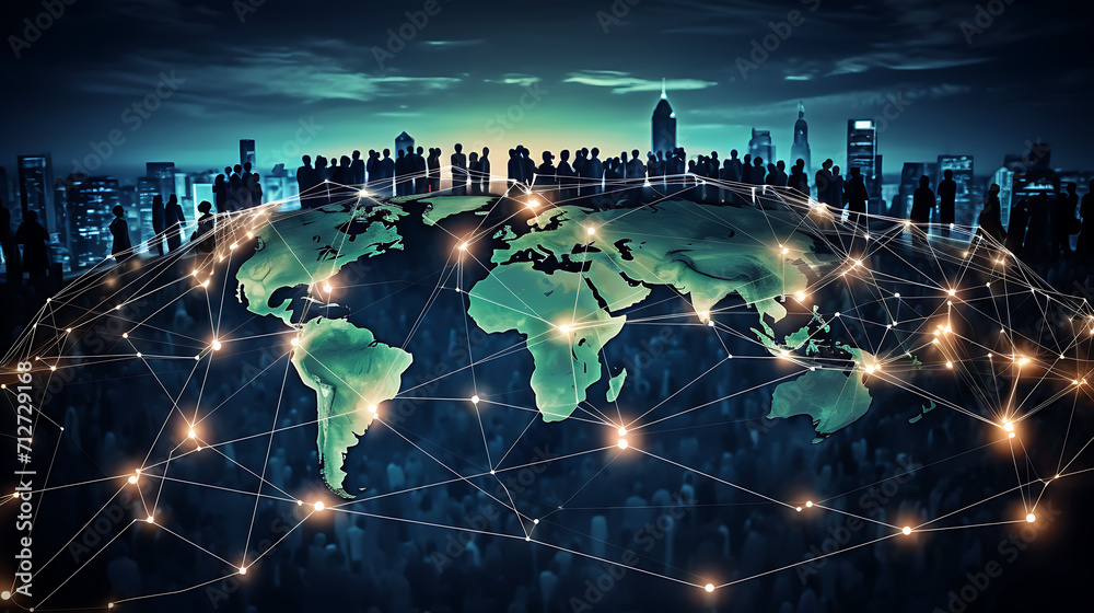 A global social network connection concept visualized through a digital ...