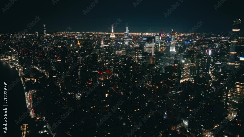 Drone flight above high skyscrapers building after dark.Scenic night ...