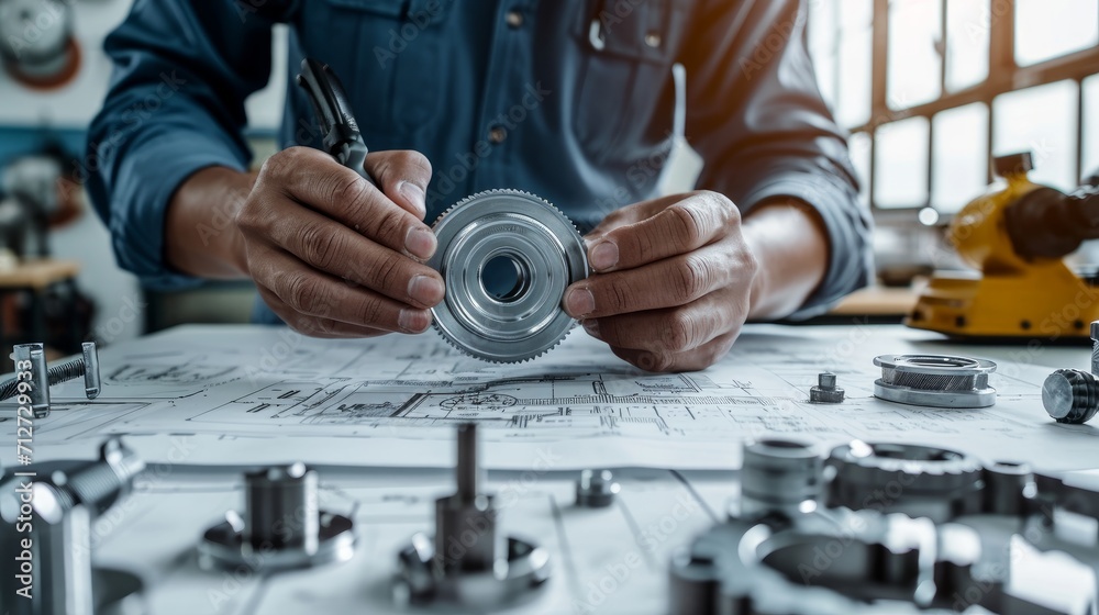 Engineer technician designing drawings mechanical parts engineering ...