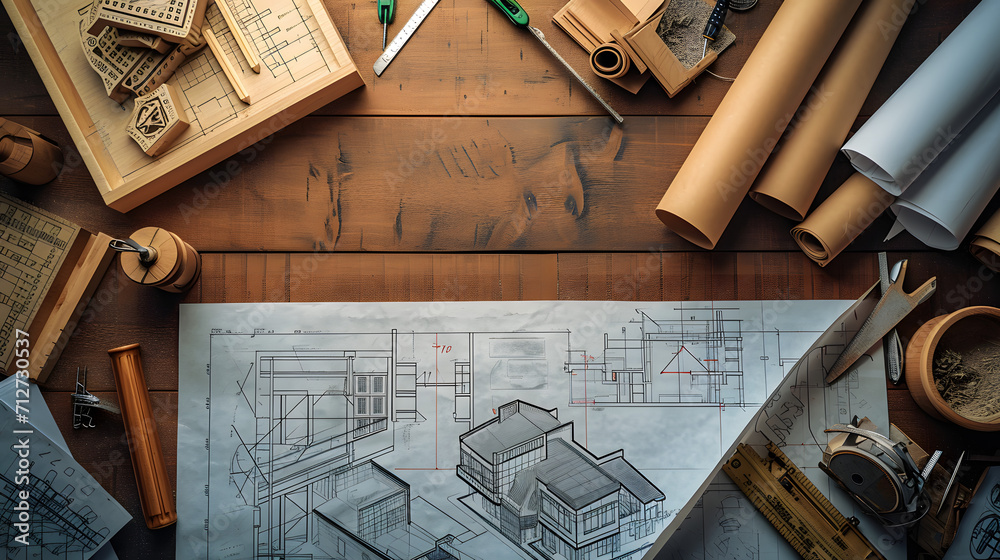 Flat lay of an architects drafting table with blueprints a model ...