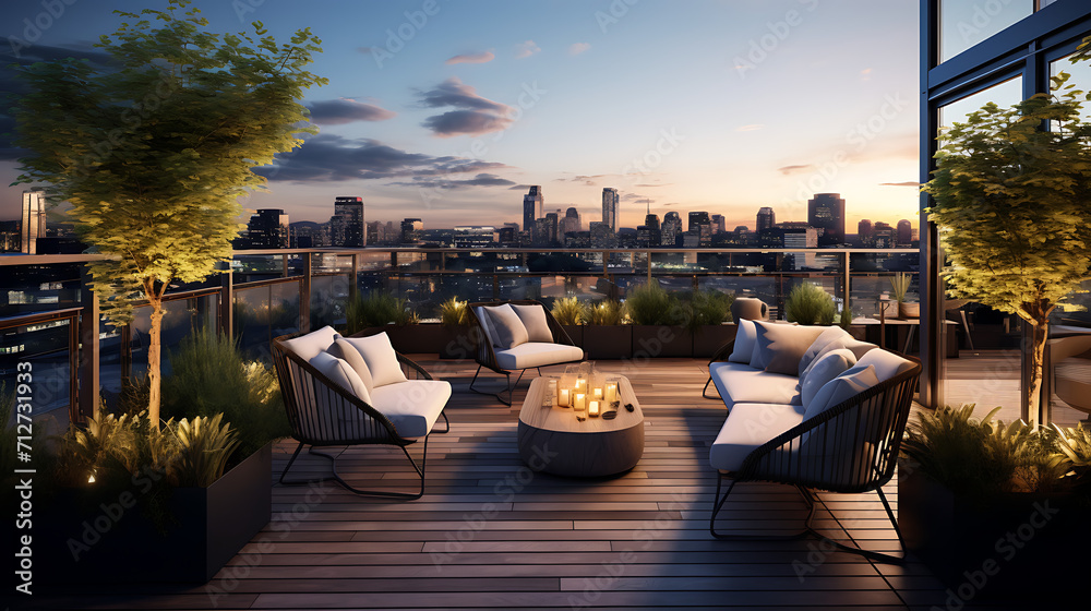 A modern rooftop terrace with sleek furniture, potted plants, and ...