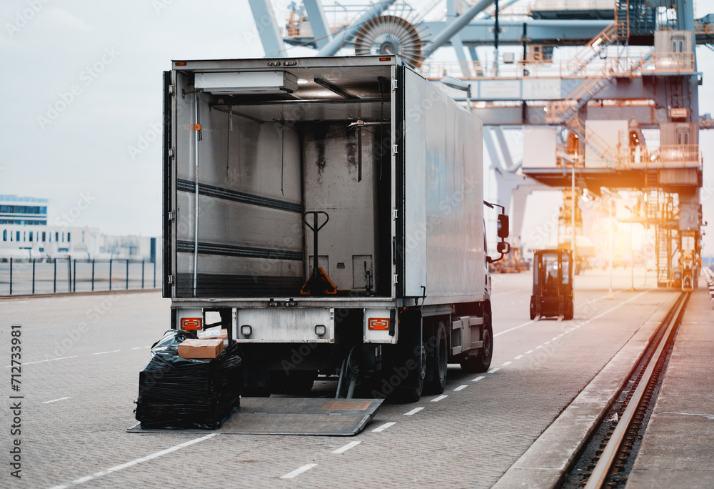 Cargo Truck In The Trade Port. Heavy-Duty Commercial Vehicle For Supply ...