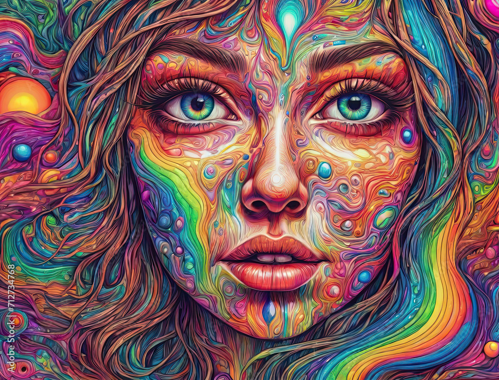 Psychedelic Trip - Close-up illustration of a woman's face with an eye ...