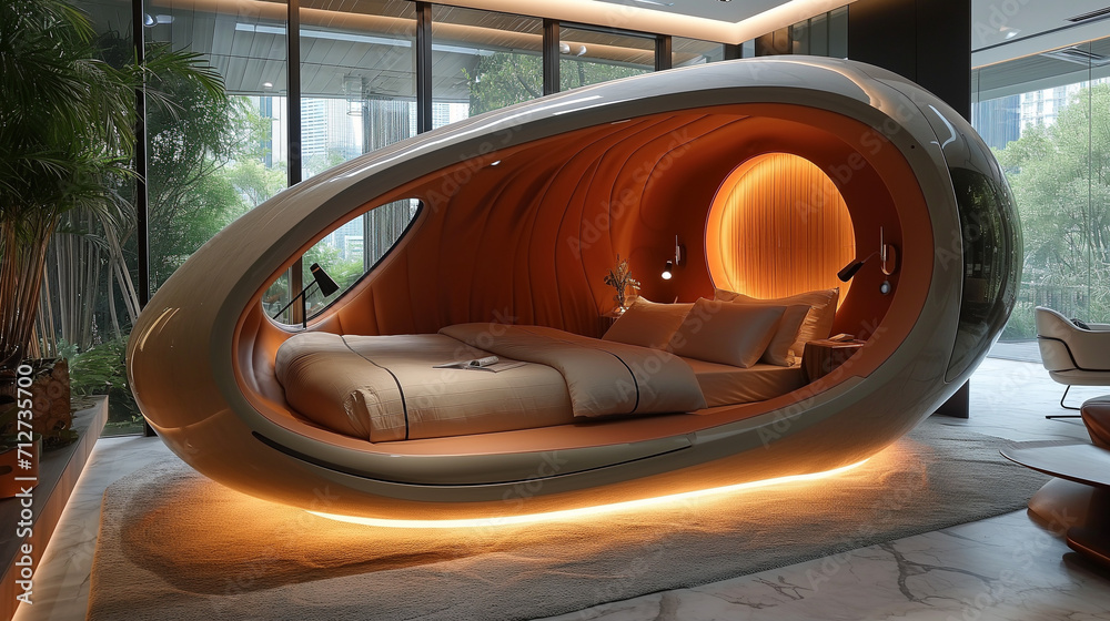 A modern bed from the future in the form of a capsule. Technologies of ...