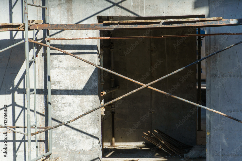 An outdoor construction site. Construction of a new building. Block ...