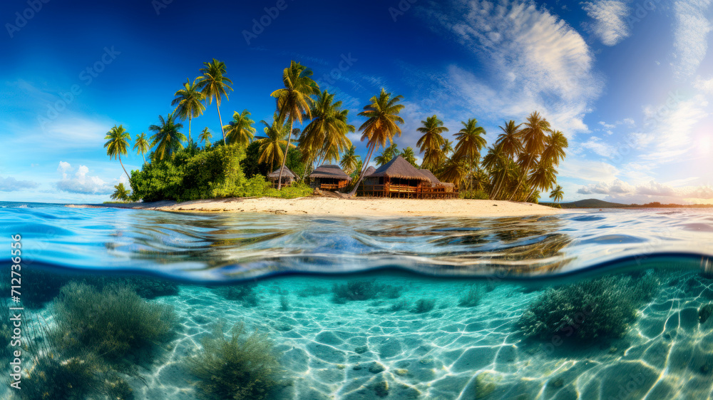 Tropical island and clear blue sea, camera is half submerged in water ...