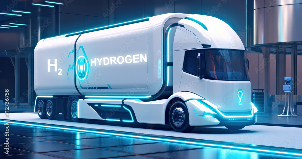 Illuminated hydrogen-powered semi truck at a modern refueling station ...