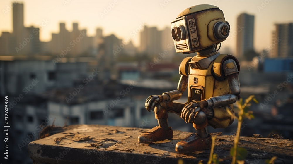 A solitary robot, covered in rust, sitting on the edge of a dilapidated ...