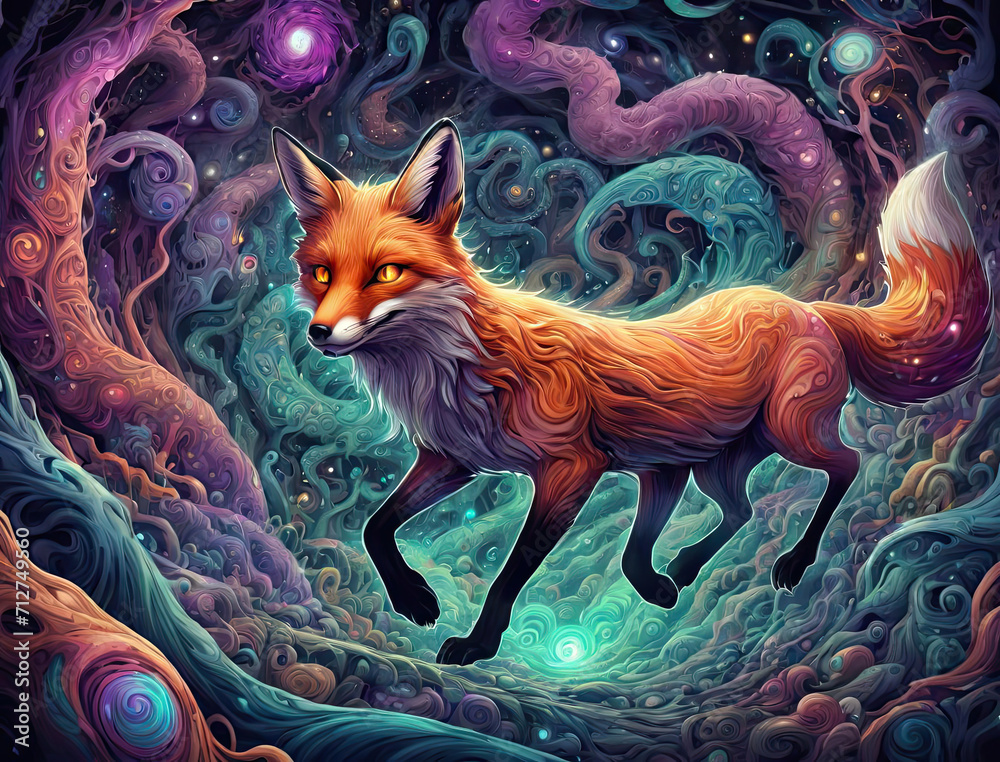 Psychedelic Fox - Close-up illustration of a fox in a psychedelic ...