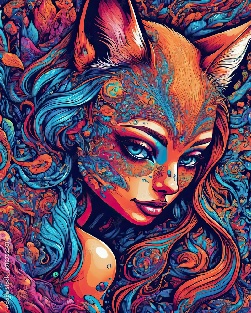Ethereal Trip - Psychedelic illustration of a fox and nude woman in vibrant, pulsating shades ...