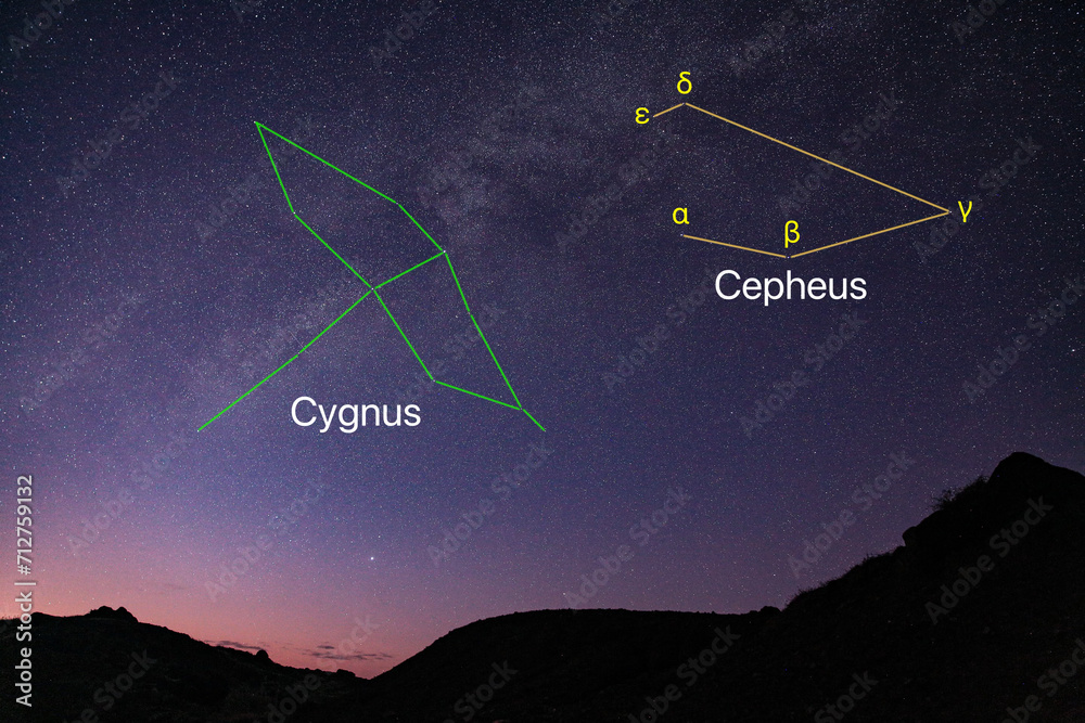 Cygnus constellation with Cepheus constellation in the northern sky ...