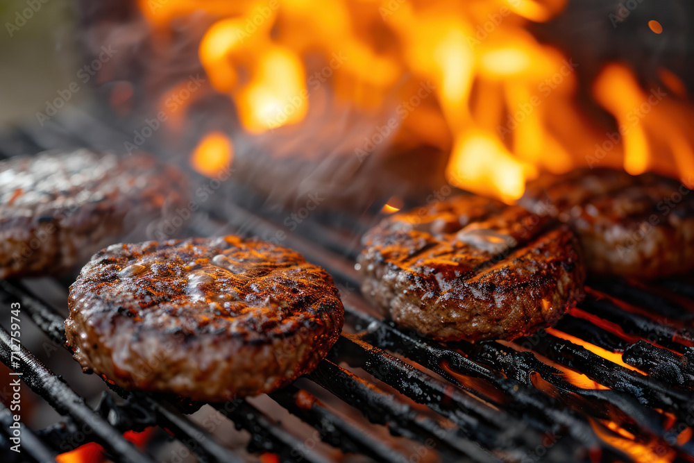 BBQ Grilled Burgers Patties On The Hot Flaming Grill Stock Illustration ...
