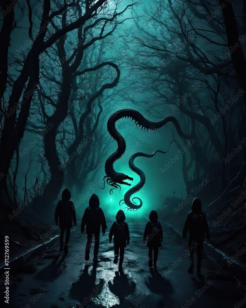Terrifying Children Nightmares - Scaly serpent, Chasing beast, and Dark forest with an amorphous ...
