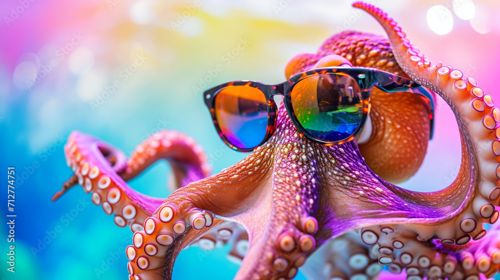 cool octopus wearing sunglasses in studio with a colorful and bright ...