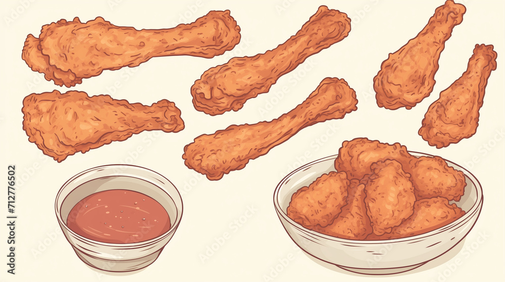 Fried chicken big set, food photo, Commercial advertise water color ...