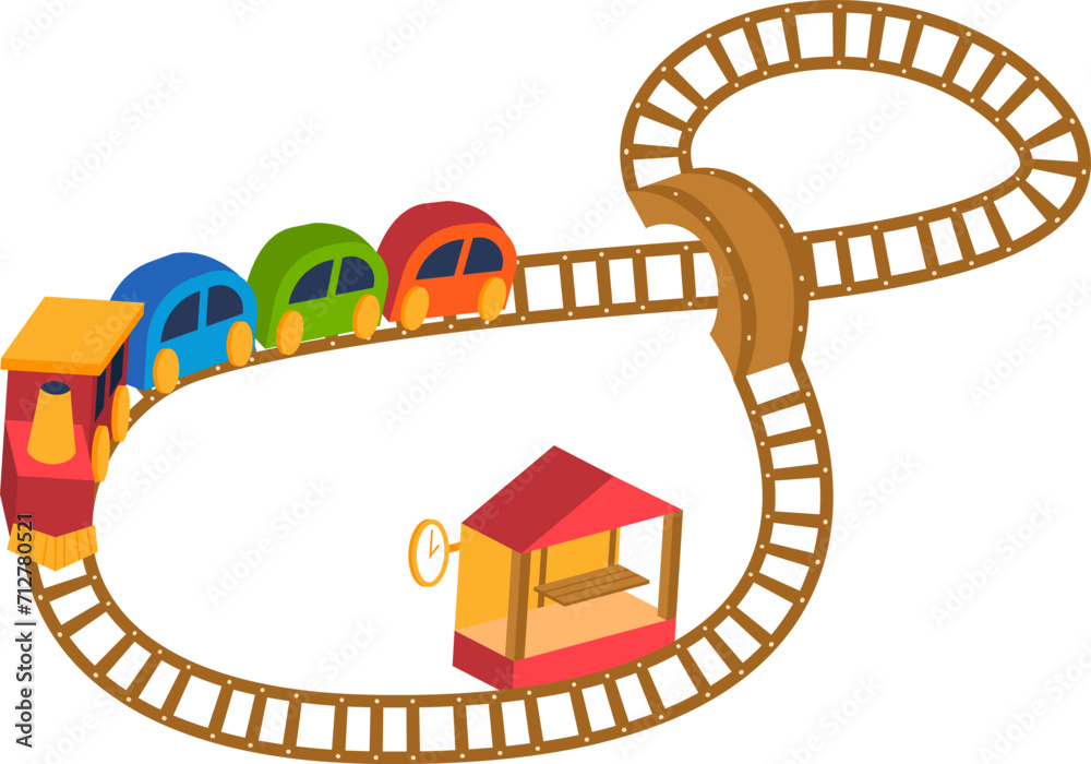 Colorful cartoon train on tracks with loop and station. Toy locomotive ...