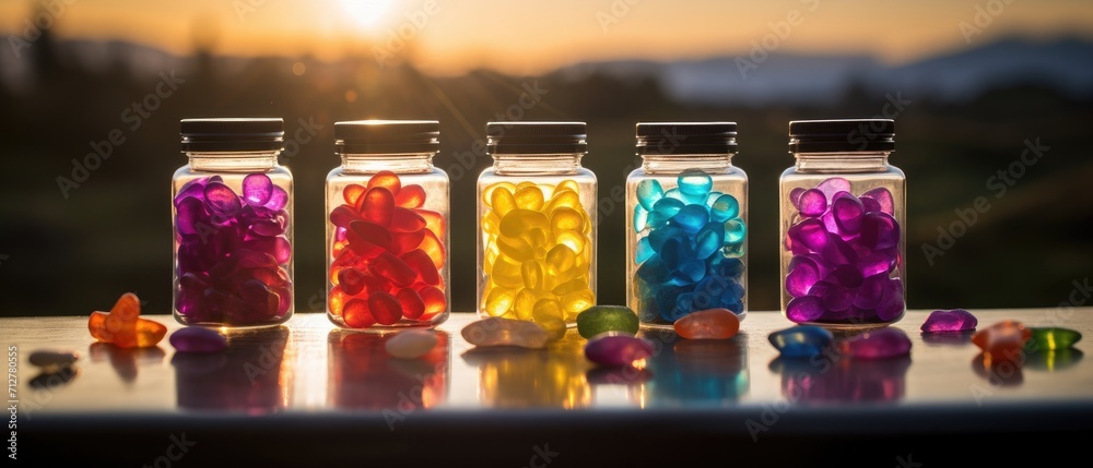 Colorful jelly beans in glass jars with sunlight highlighting their ...