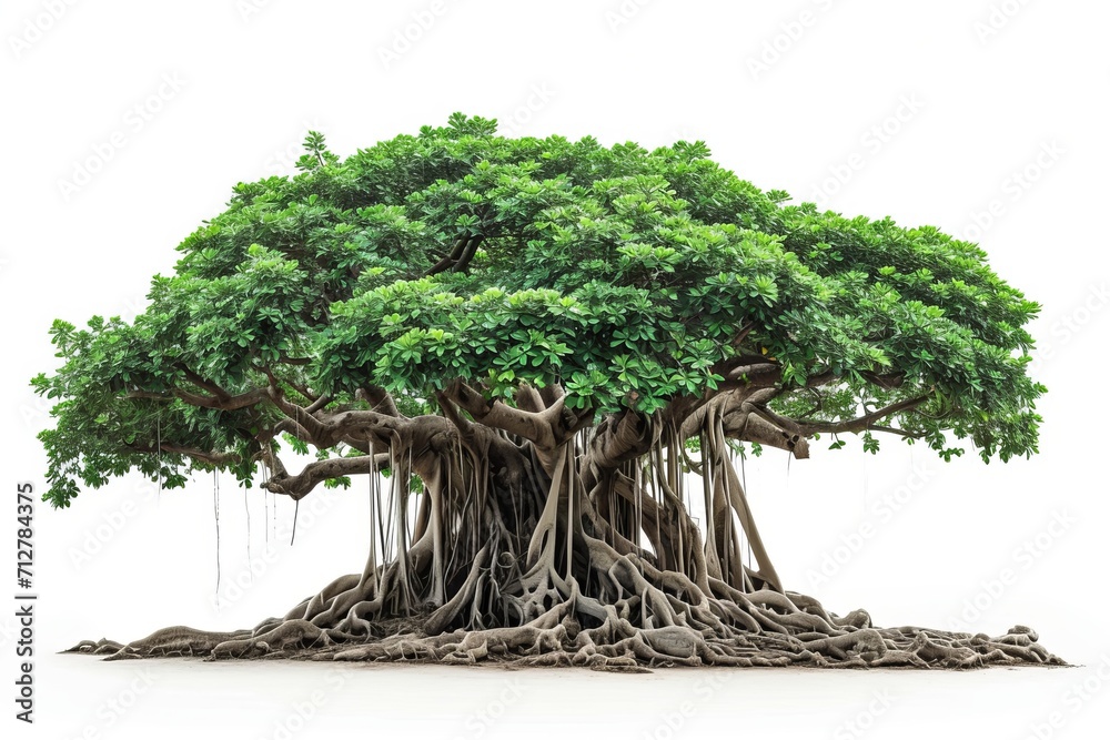 Charming banyan tree with prominent aerial roots isolated on a crisp ...