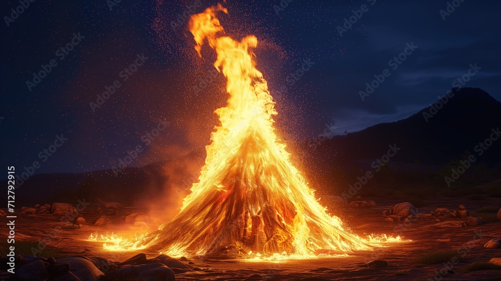 A roaring bonfire under the night sky with sparks flying and stars ...