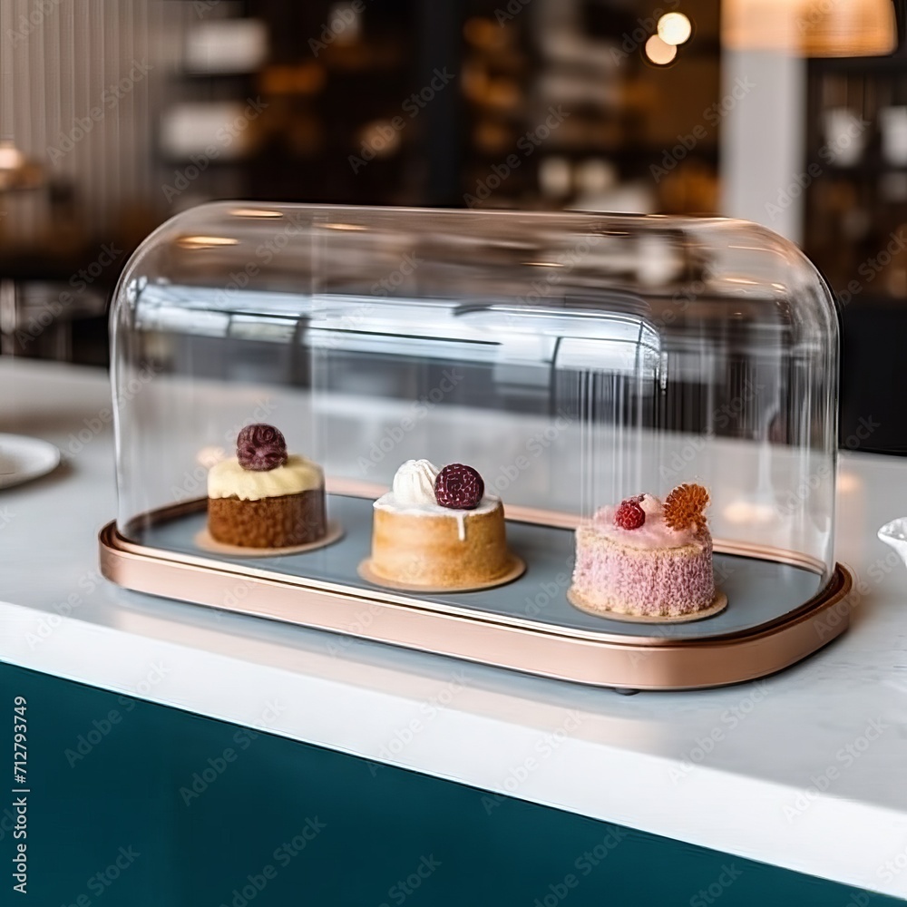 cakes and pastries on display in a pastry shop. Concept: bakery with ...