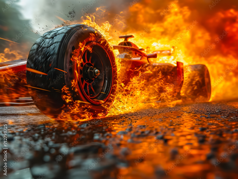 A burning Formula 1 car on a race track. Formula 1 on fire. Stock ...