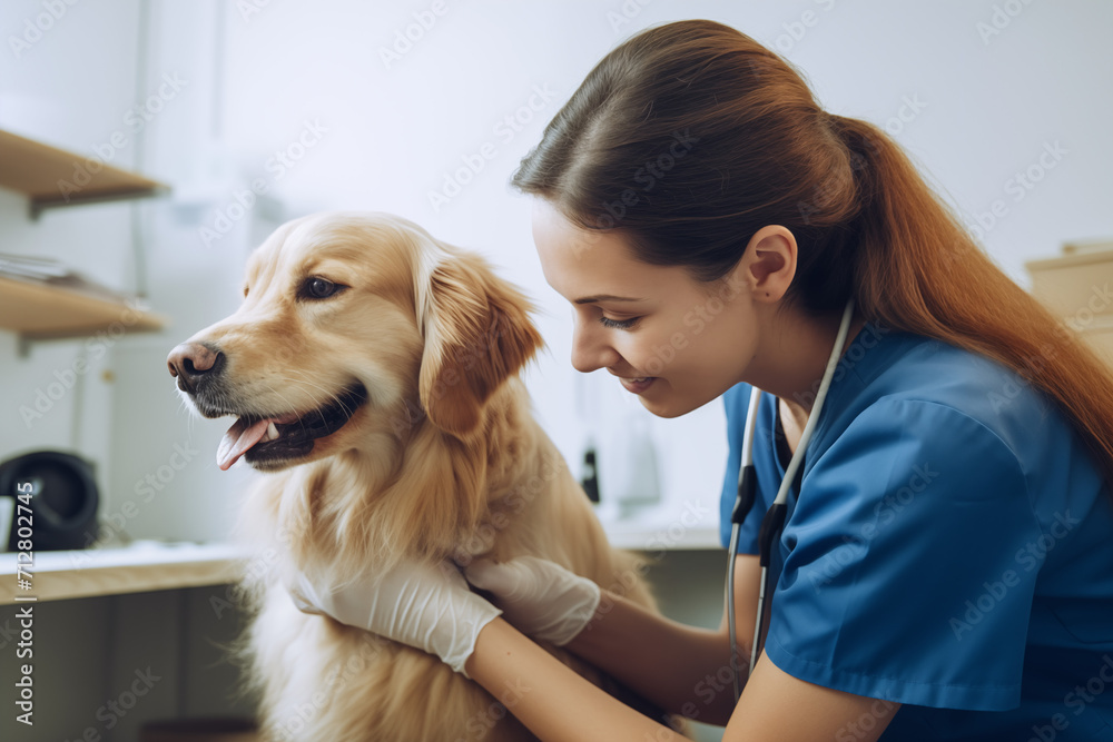 Beautiful Female Veterinarian Petting a Noble Golden Retriever Dog and ...