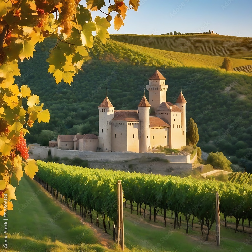 Medieval castle overlooking vineyards with ripe grape bunches. The ...