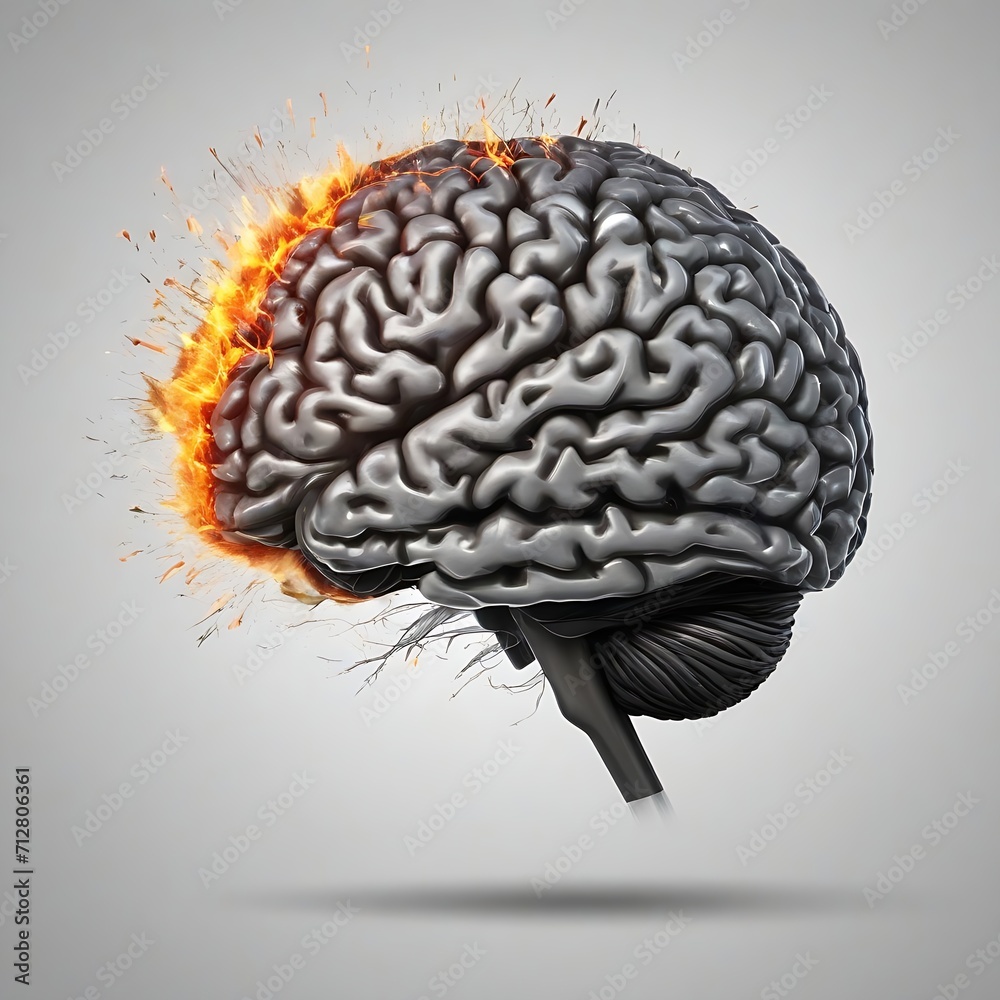 Side view of brain on fire, exploding brain, disease concept like ...
