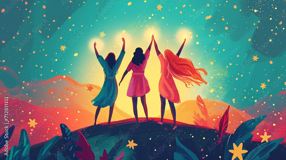 Illustration of women lifting each other up to reach the stars ...