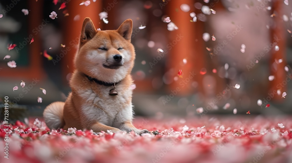Shiba Inu peacefully meditating in the courtyard of an ancient Japanese ...