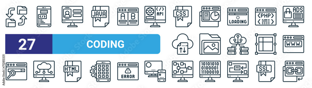 set of 27 outline web coding icons such as file sharing, coding, log in, pop up, image file ...