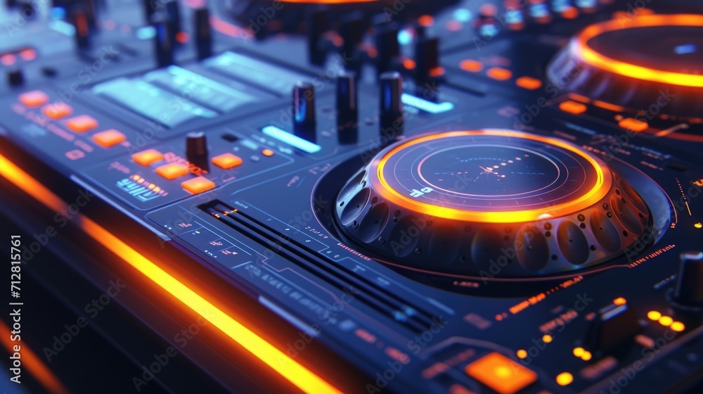 The sleek modern design of the DJ controller evokes a bustling ...