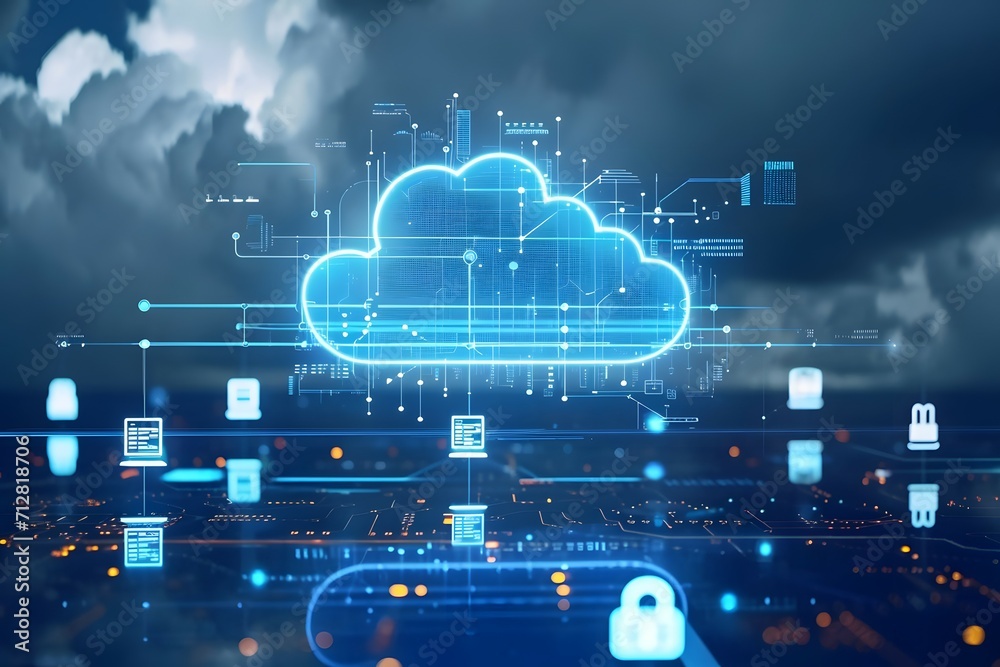 Digital illustration of cloud computing networks with glowing cloud ...