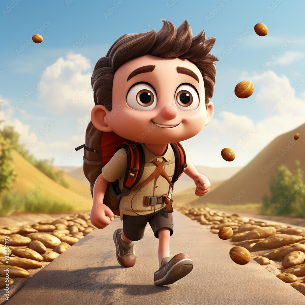 cartoon character, 2D, anime style, lentil seed decisively steps along ...