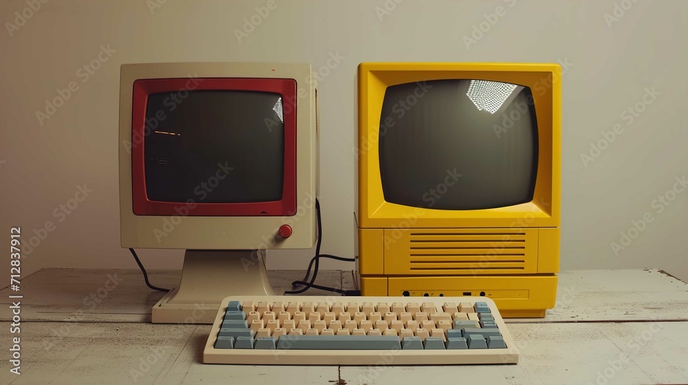 Old vs new technology. Modern computer and typewriter with grey ...